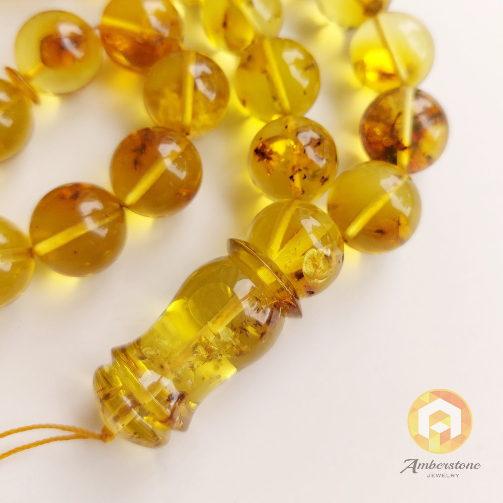 Baltic Amber Insects Tespih 33 Beads, Orange Color Misbaha 71g