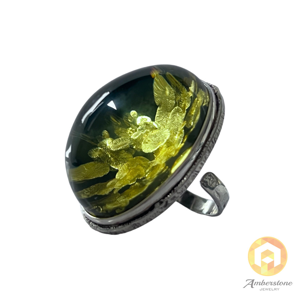 Amber Ring Green Amber Inclusions, Silver surrounds