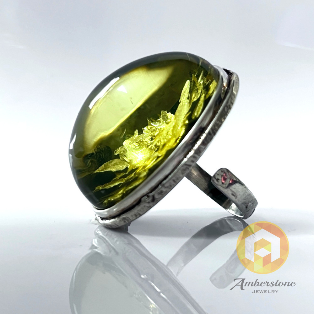 Amber Ring Green Amber Inclusions, Silver surrounds