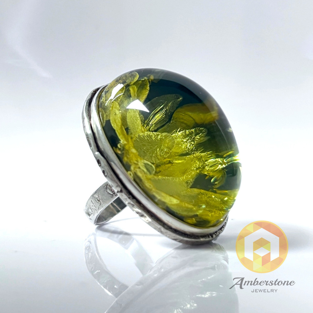 Amber Ring Green Amber Inclusions, Silver surrounds